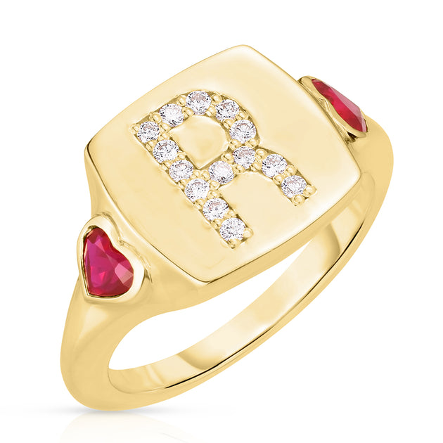 Diamond Initial Signet Ring with Ruby Hearts – Alexandra Beth
